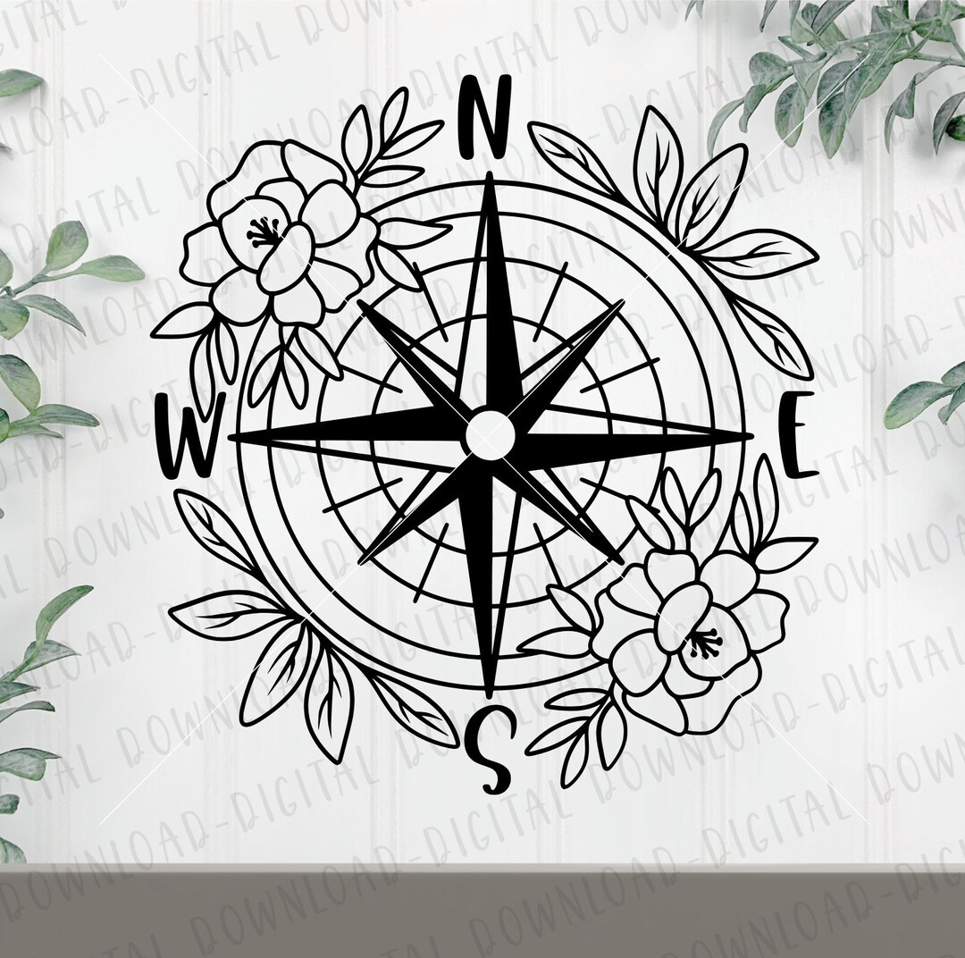 Floral Compass SVG, Compass Line Drawing SVG, Feminine Compass Svg ...
