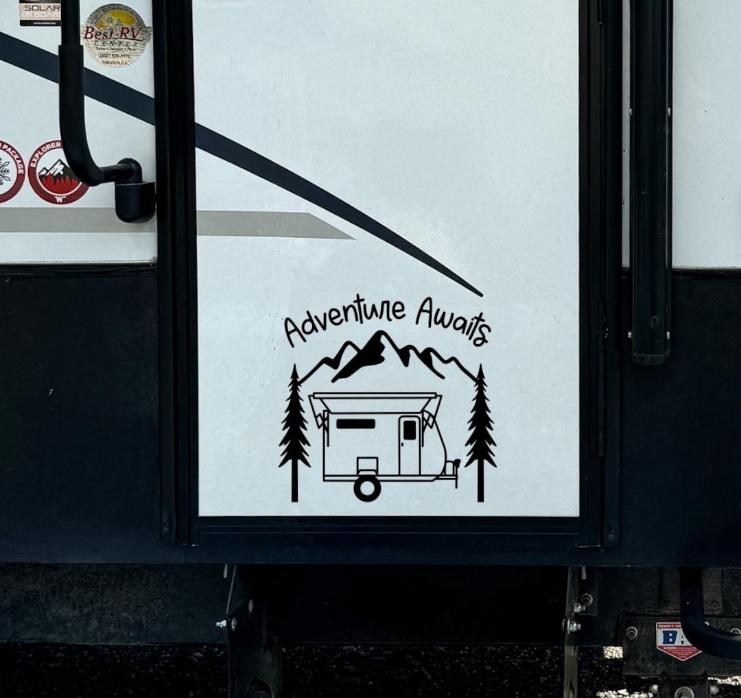 Adventure Awaits Decal, Vinyl Decal, Decal for Camper, Travel Trailer ...