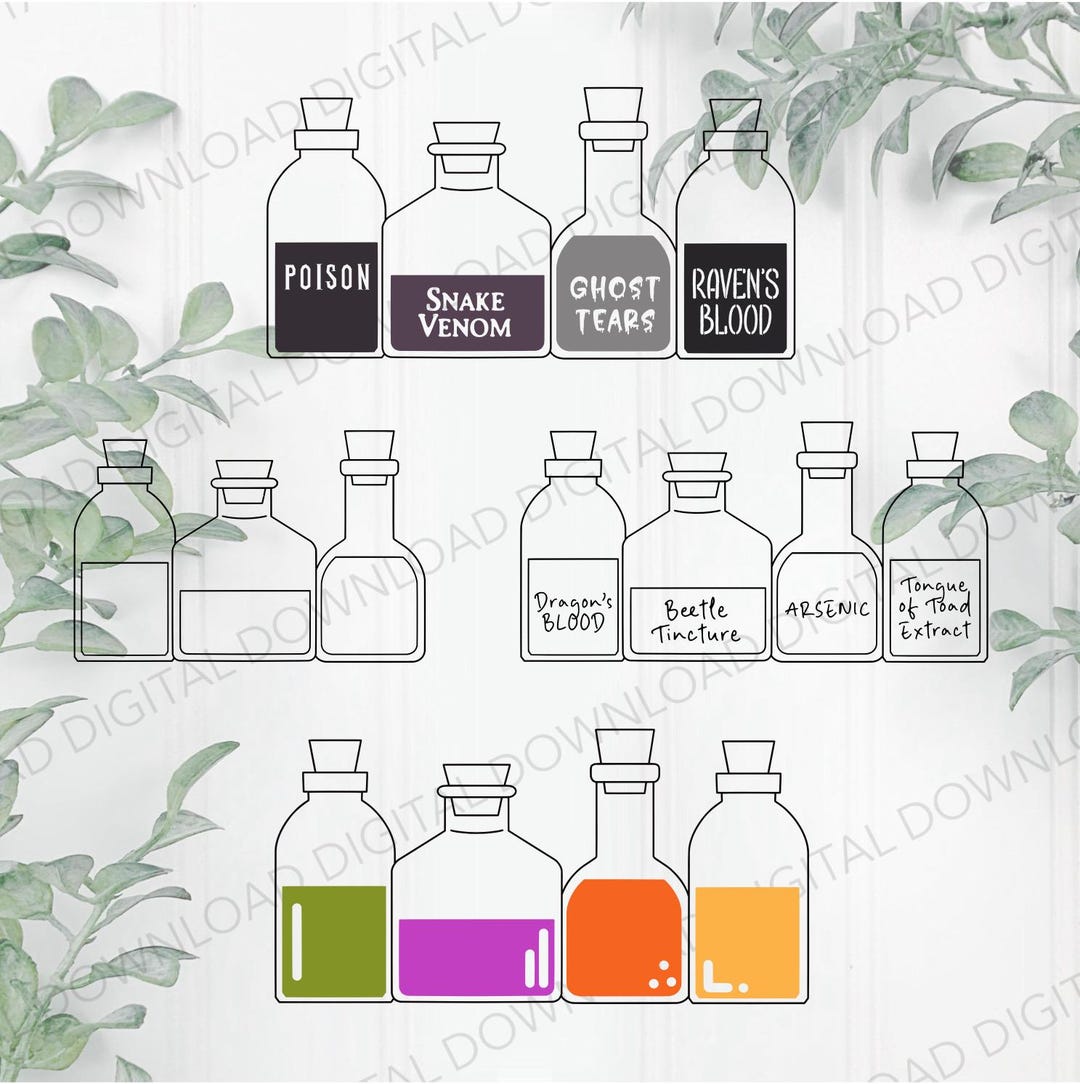 Potion Bottles With Labels SVG, Potion Ingredient Bottles, Halloween ...