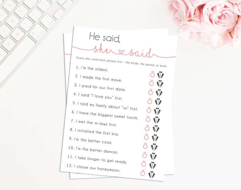 Printable He Said She Said Game Wedding Reception Game | Etsy