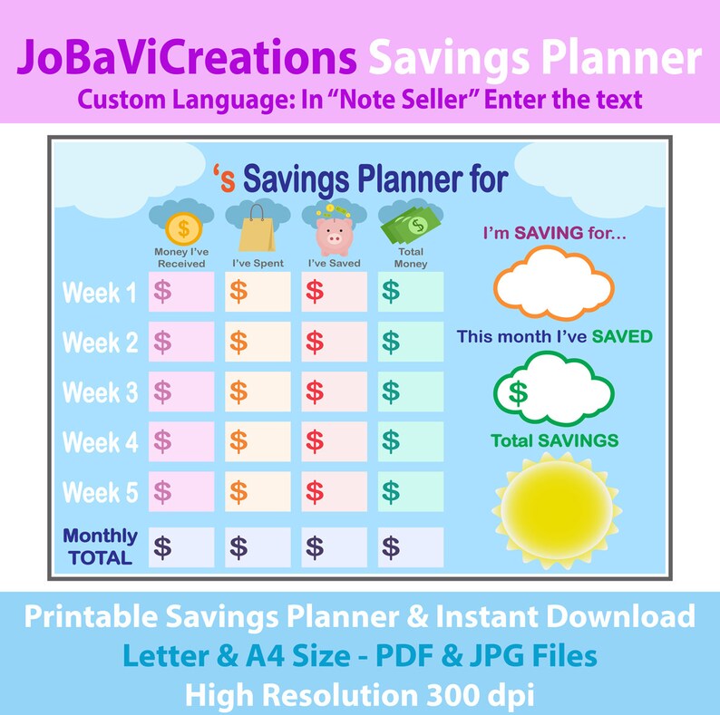 Kids Savings Chart. Childs Savings Tracker. Money Savings. - Etsy