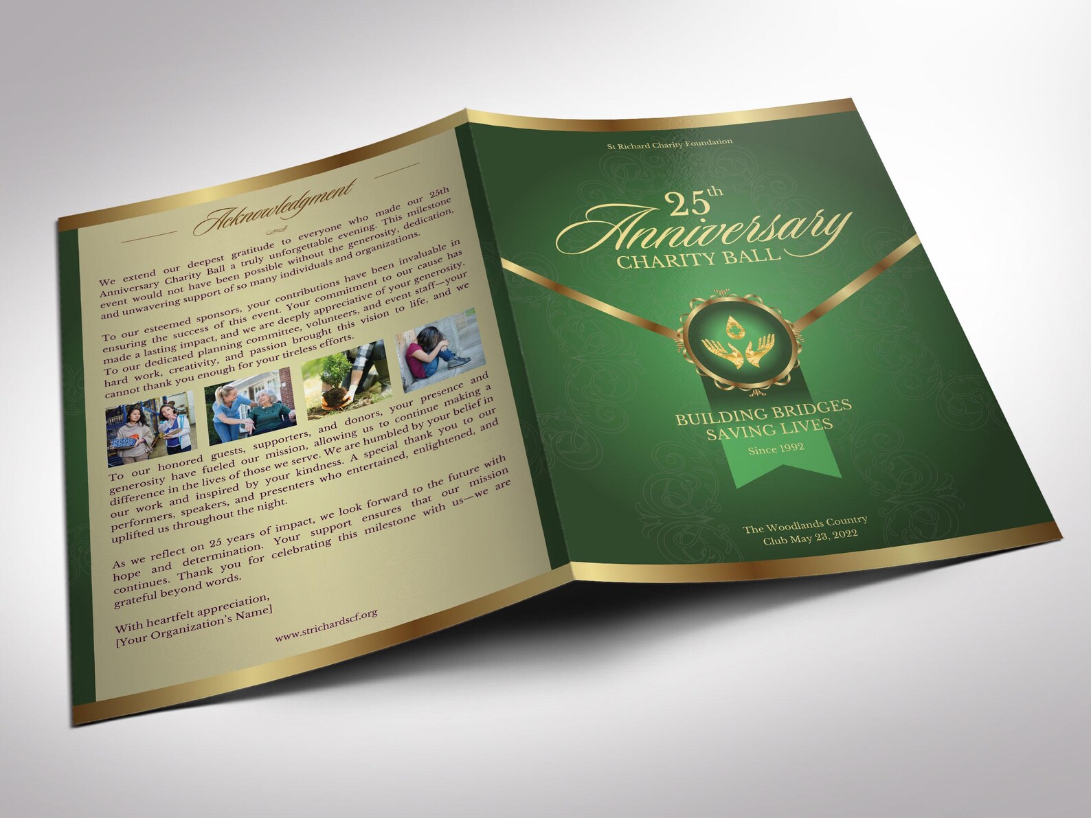 Green & Gold Anniversary Gala Program Template | Canva: 8-page Bifold ...