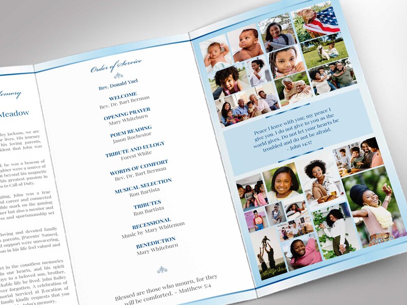 Baby Blue Waves Funeral Program Template | Canva: Tabloid Trifold ...