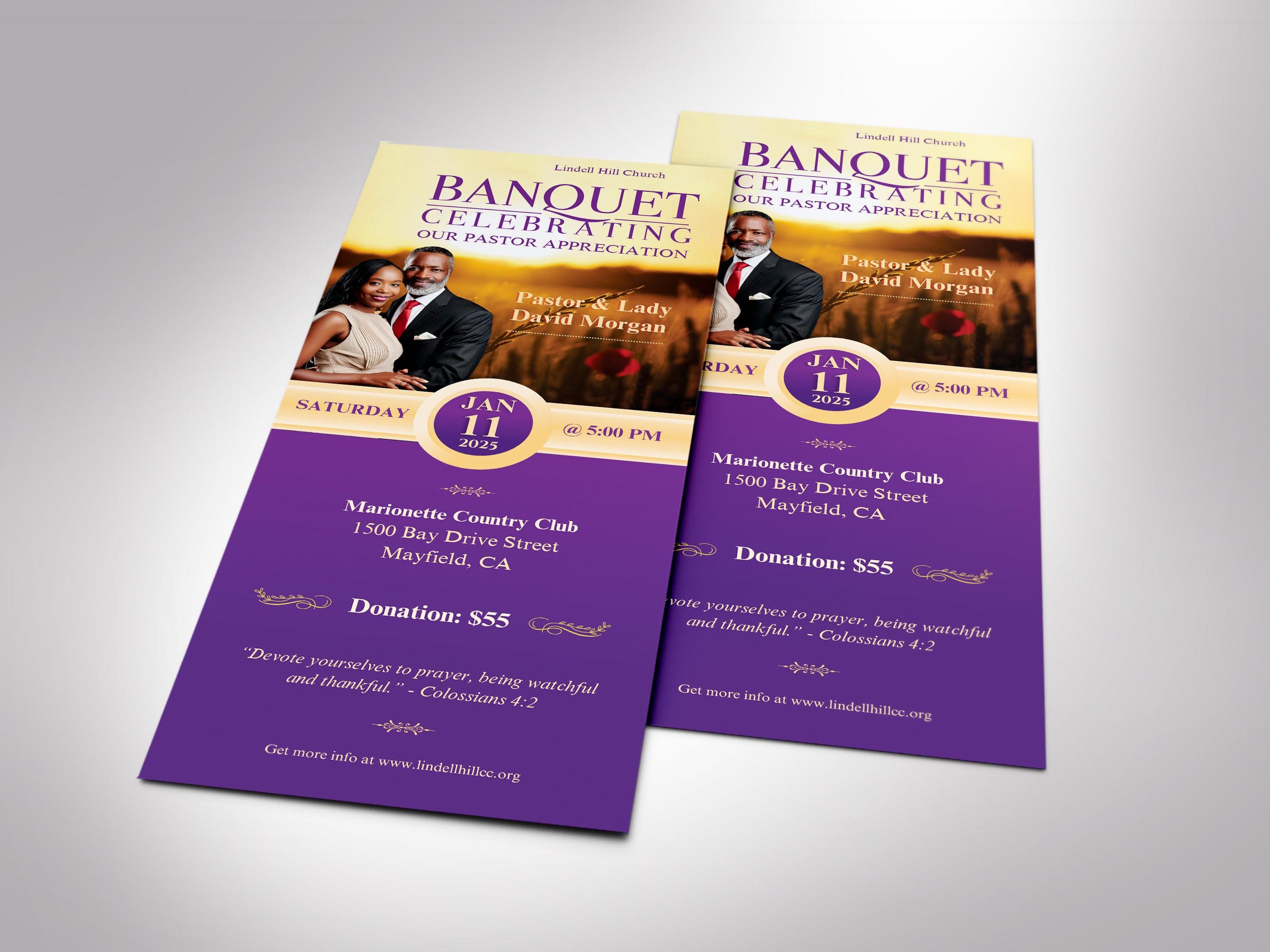 Pastor Anniversary Banquet Ticket Template for Canva: Purple & Gold ...