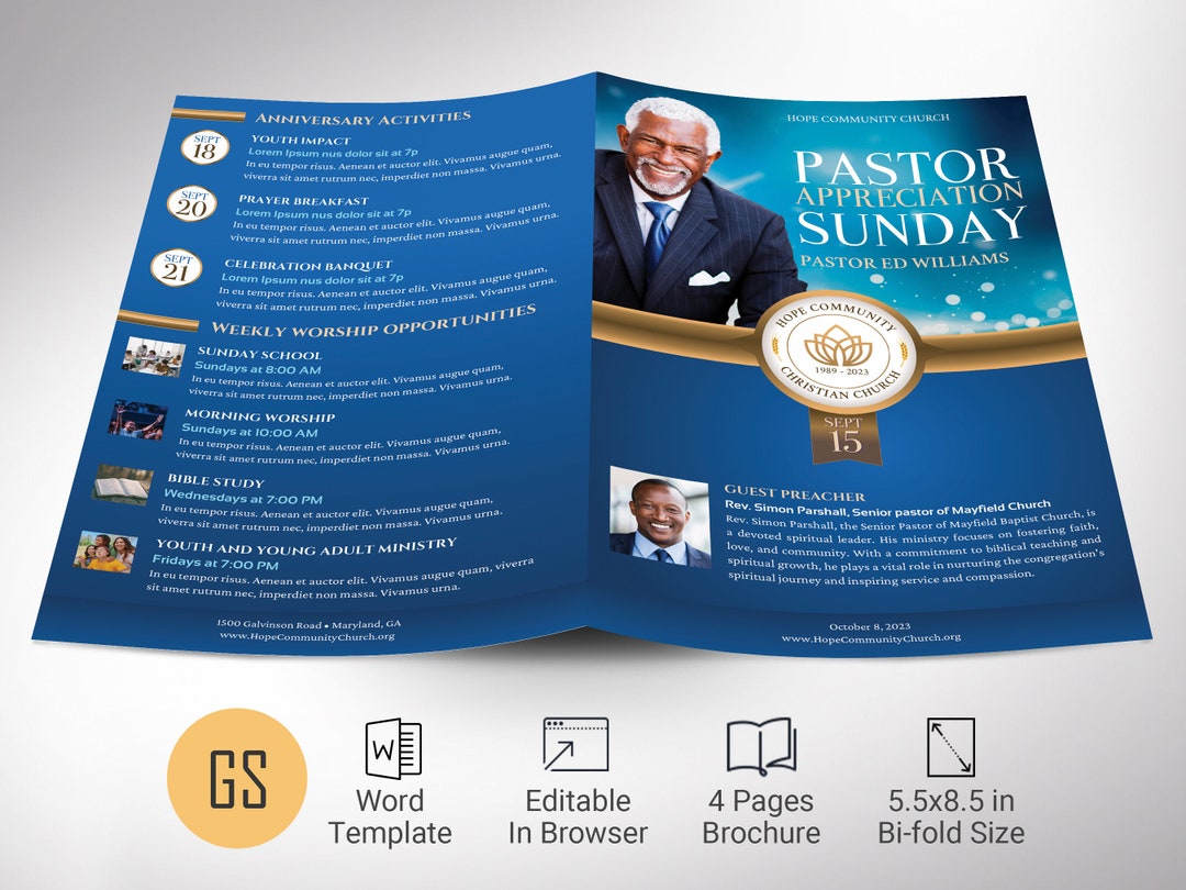 Blue and Gold Pastor Appreciation Program Template (canva, 5.5x8.5 In ...