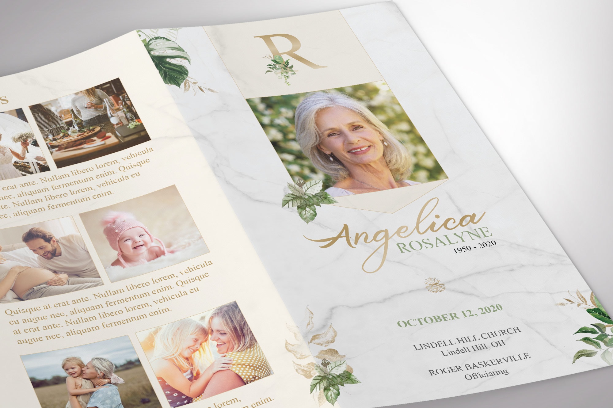 Tropical Funeral Program Template | Green & Gold Floral Trifold ...