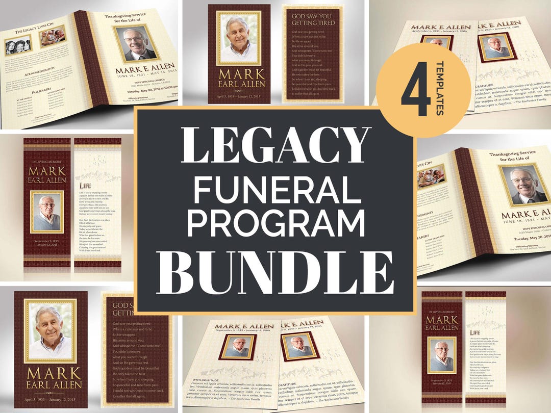 Legacy Beige Funeral Program Template Bundle: 8 Page Bifold Memorial ...