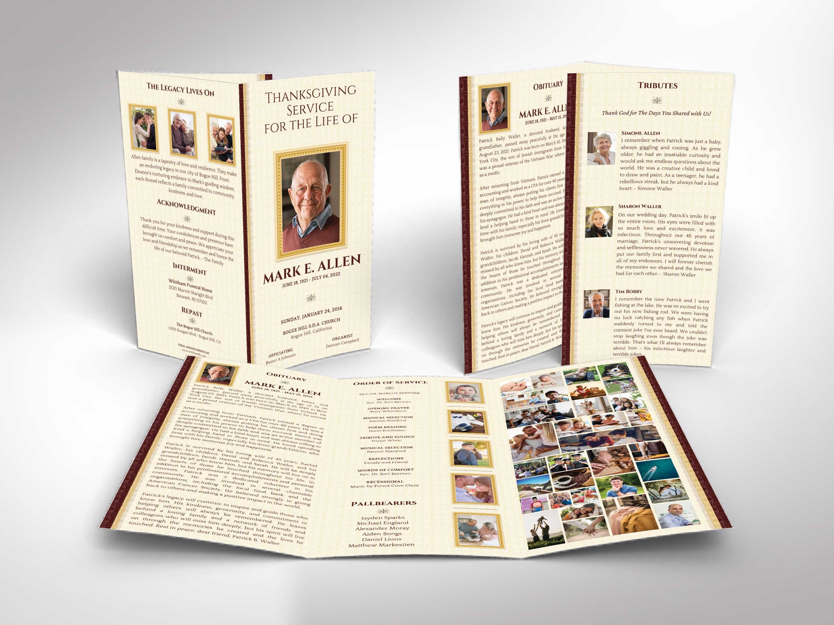 Beige & Gold Funeral Program Template for Canva: Tabloid Trifold ...