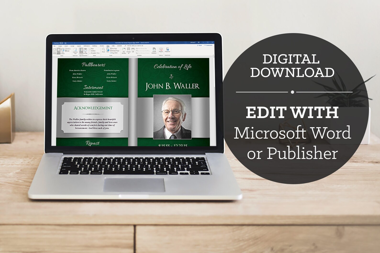 Green Silver Funeral Program Template for Word and Publisher - Etsy