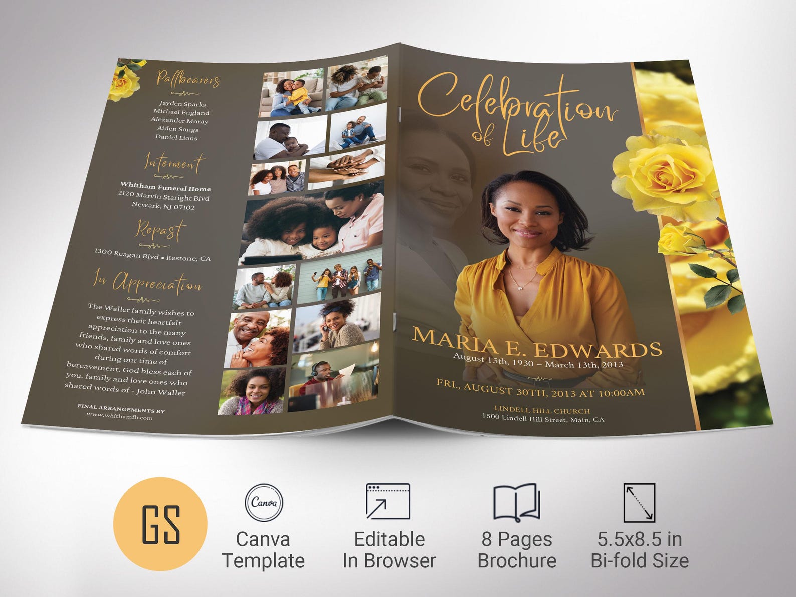 Yellow Rose Funeral Program Template | Canva: 8 Page Bifold Memorial ...