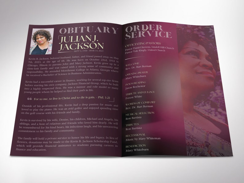 Maroon Dawn Funeral Program Template | Canva: 4-page Magazine-style ...