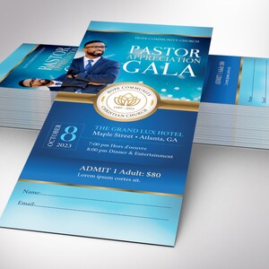 Pastor Appreciation Banquet Ticket Template, Canva, Blue Gold, Church ...