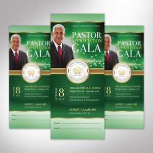 Pastor Appreciation Ticket Template | Green & Gold Banquet Ticket (3x7 ...