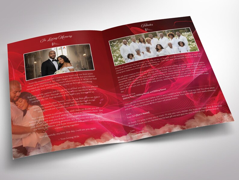 Red Musical Funeral Program Template for Canva: 8 Page Bifold Memorial ...