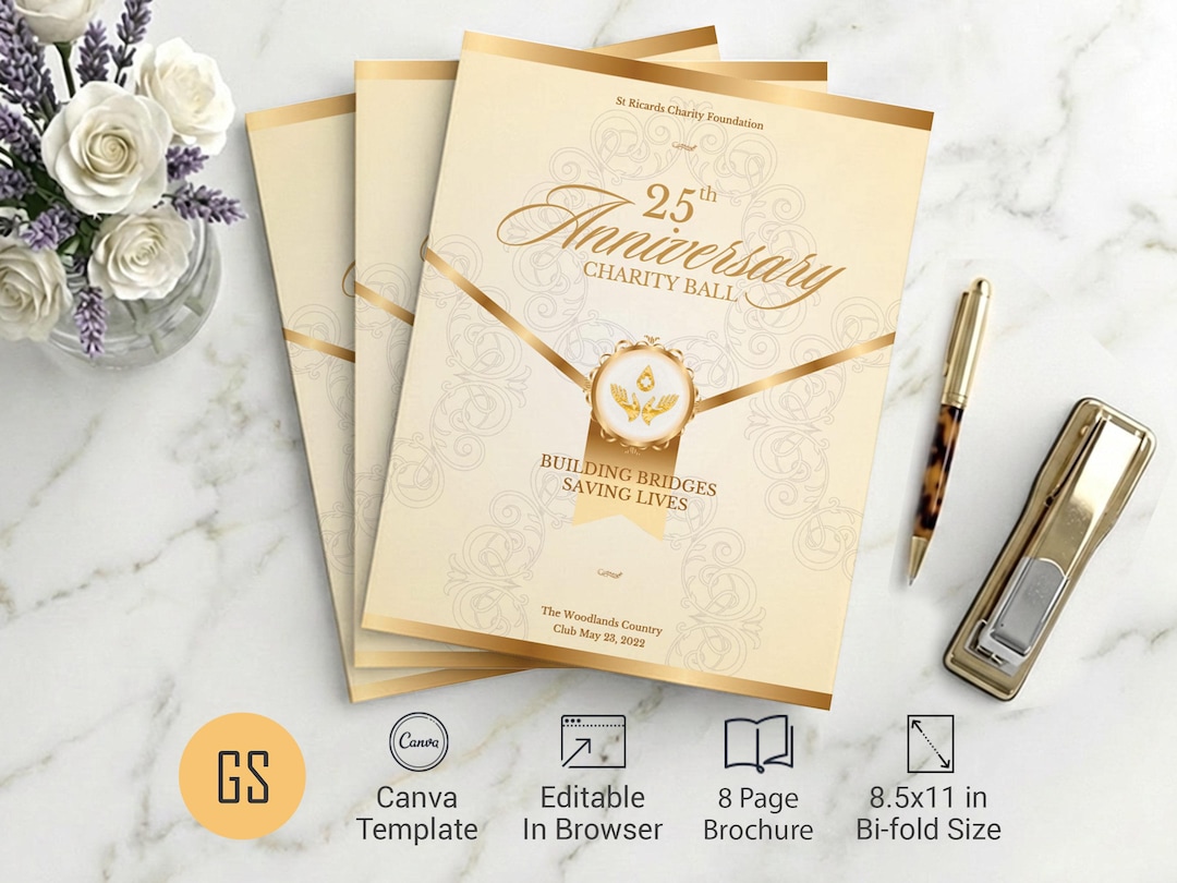 Cream & Gold Anniversary Gala Program Template | Canva: 8 Page Bifold ...