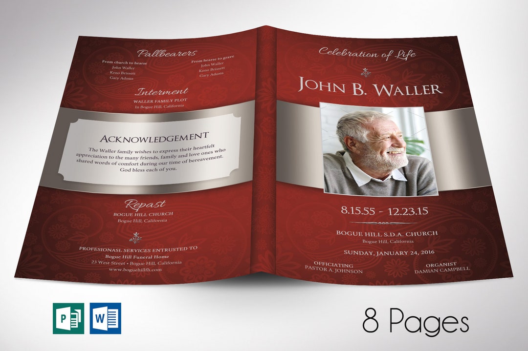 Burgundy Silver Funeral Program Template: Celebration of Life (digital ...