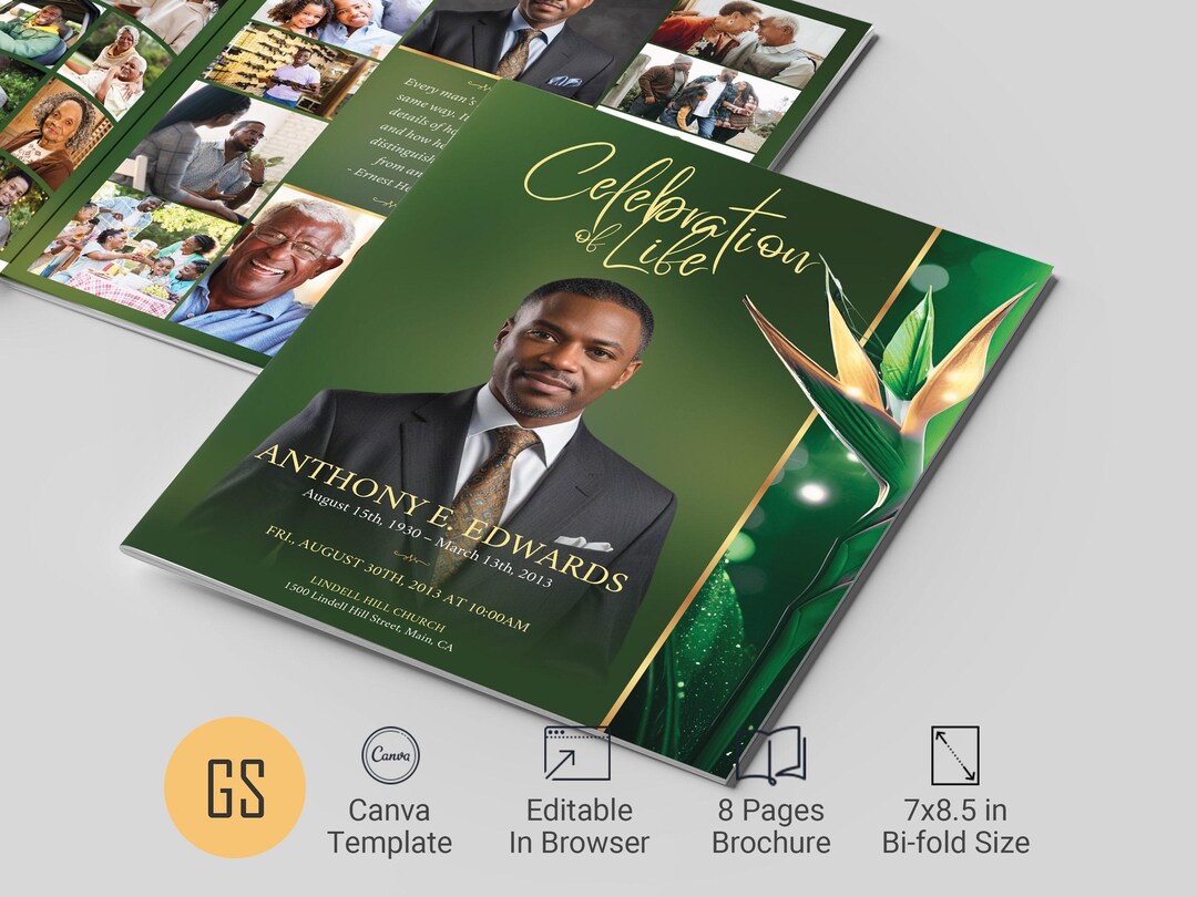 Green Paradise Funeral Program Template for Canva: 8-page Bifold ...