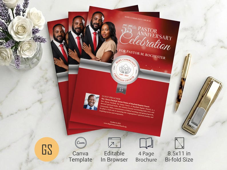 Pastor Anniversary Program Template for Canva: Red & Silver 4-page ...