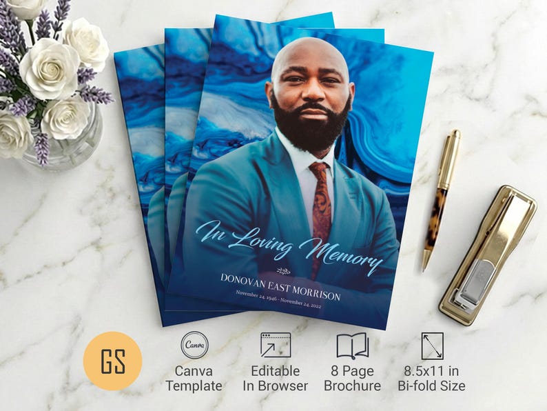 Blue Marble Funeral Program Template for Canva: 8 Page Bifold Memorial ...
