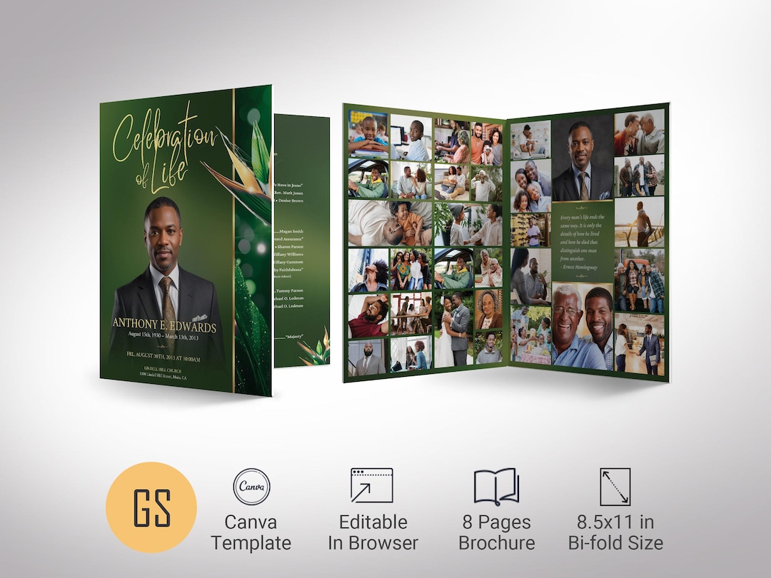 Green Funeral Program Template for Canva, 8-page, Paradise Green & Gold ...