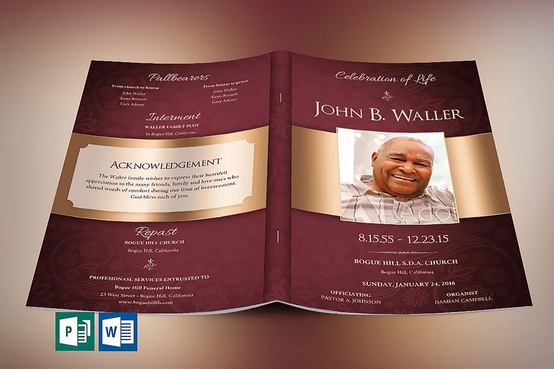 Vintage Maroon Funeral Program Template Set, Word and Publisher ...