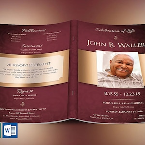 Vintage Maroon Funeral Program Template Set, Word and Publisher ...