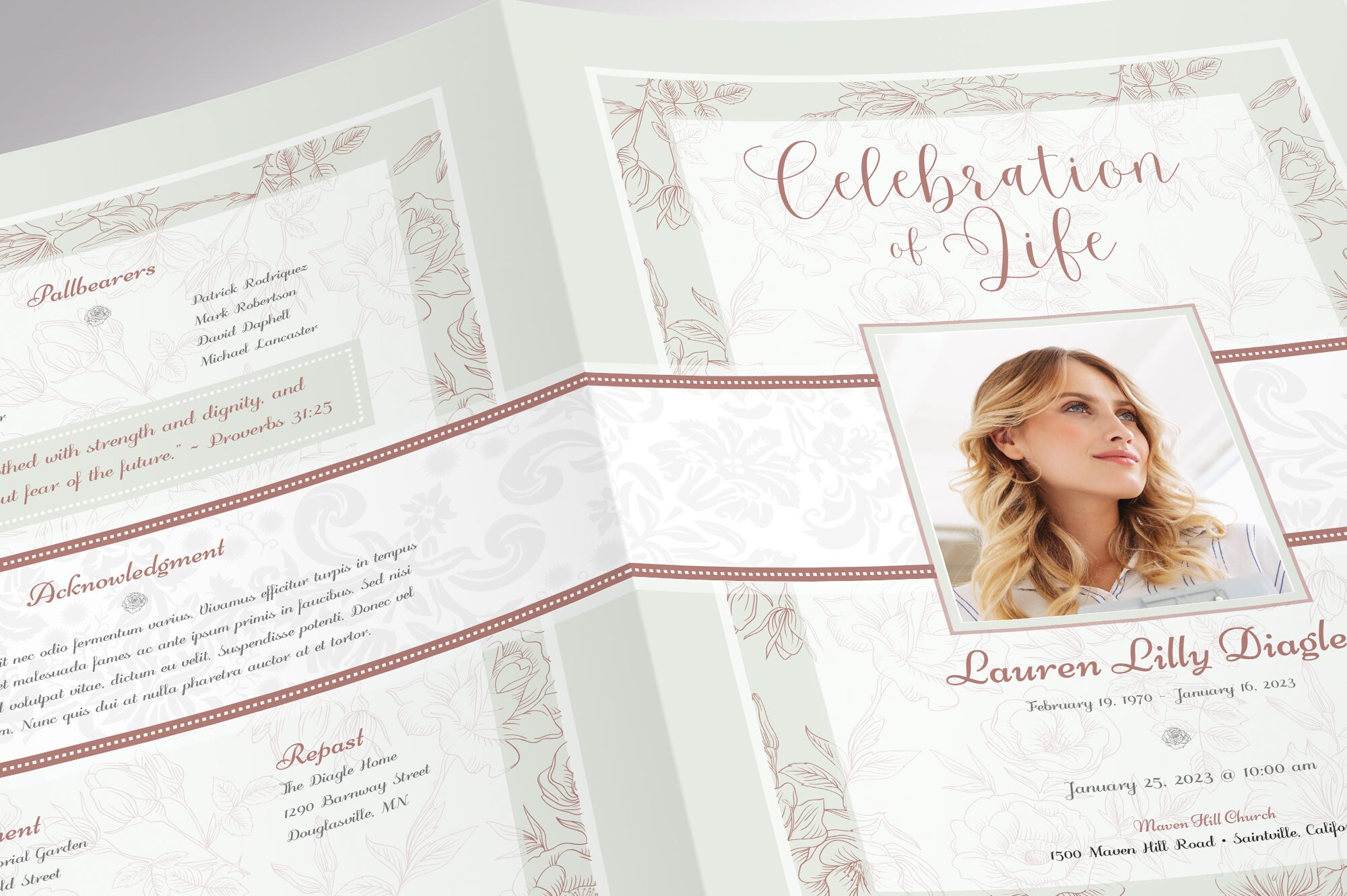 Vintage Funeral Program Template: Pastel Green, 8-page Memorial (canva ...