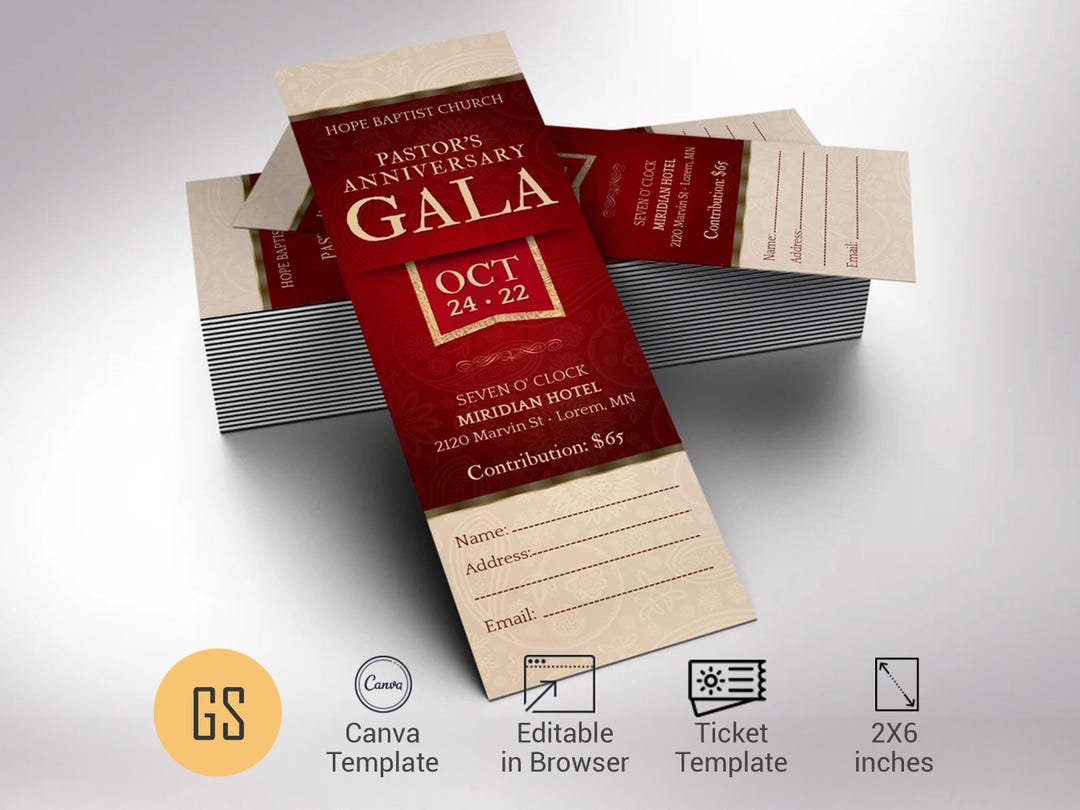 Pastor Appreciation Gala Ticket Template: Red & Gold, Church Event ...