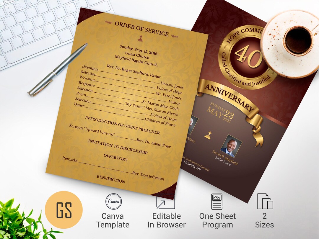 Church Anniversary Program Template for Canva, Regal Orange Gold ...