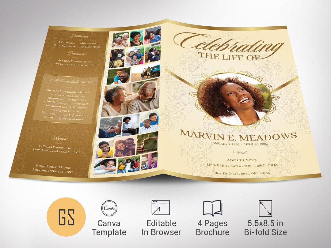 Beige Gold Funeral Program Template | Canva: 4 Page Bifold Memorial ...