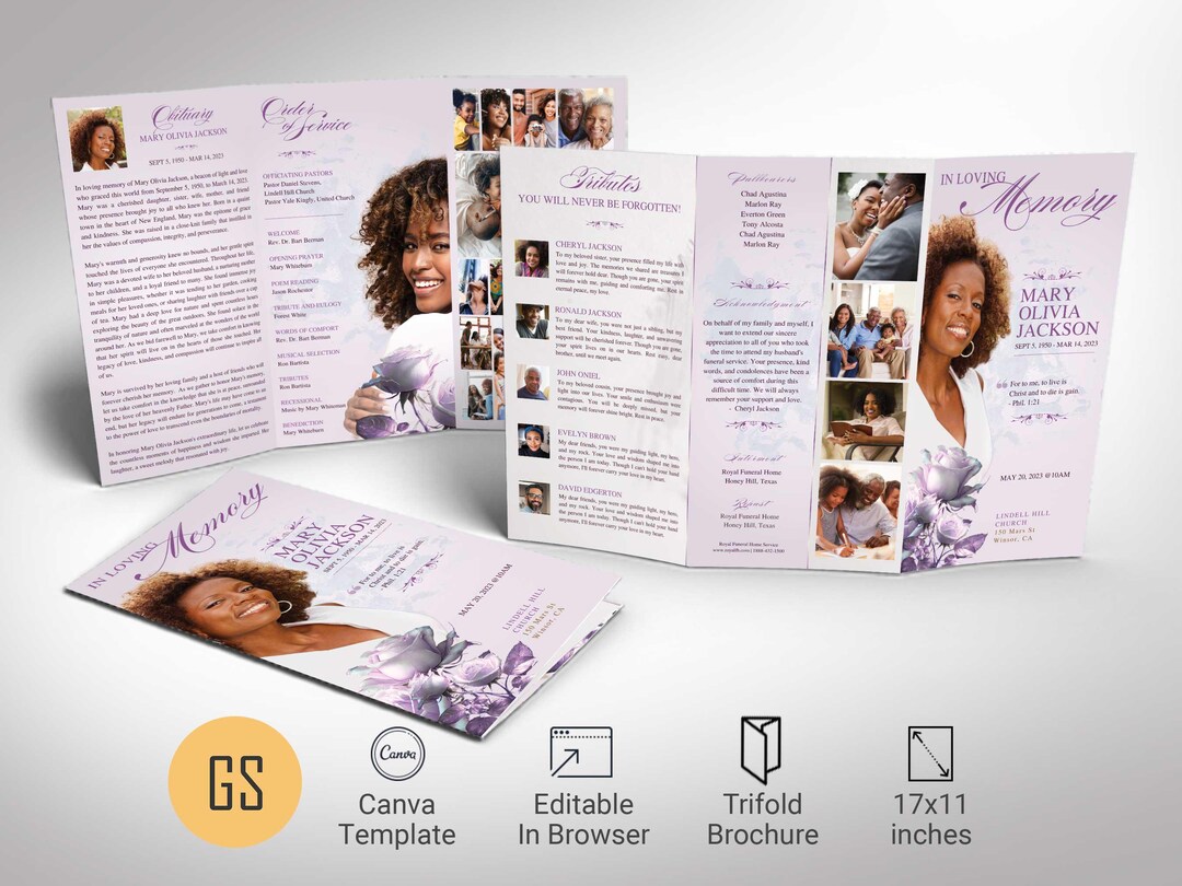 Classic Rose Funeral Program Template: Pastel Purple Trifold Obituary ...