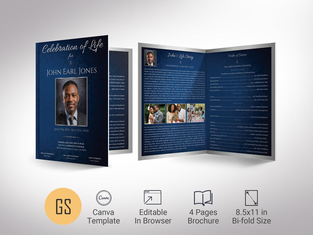 Blue Silver Funeral Program Template, 4 Page Celebration of Life ...