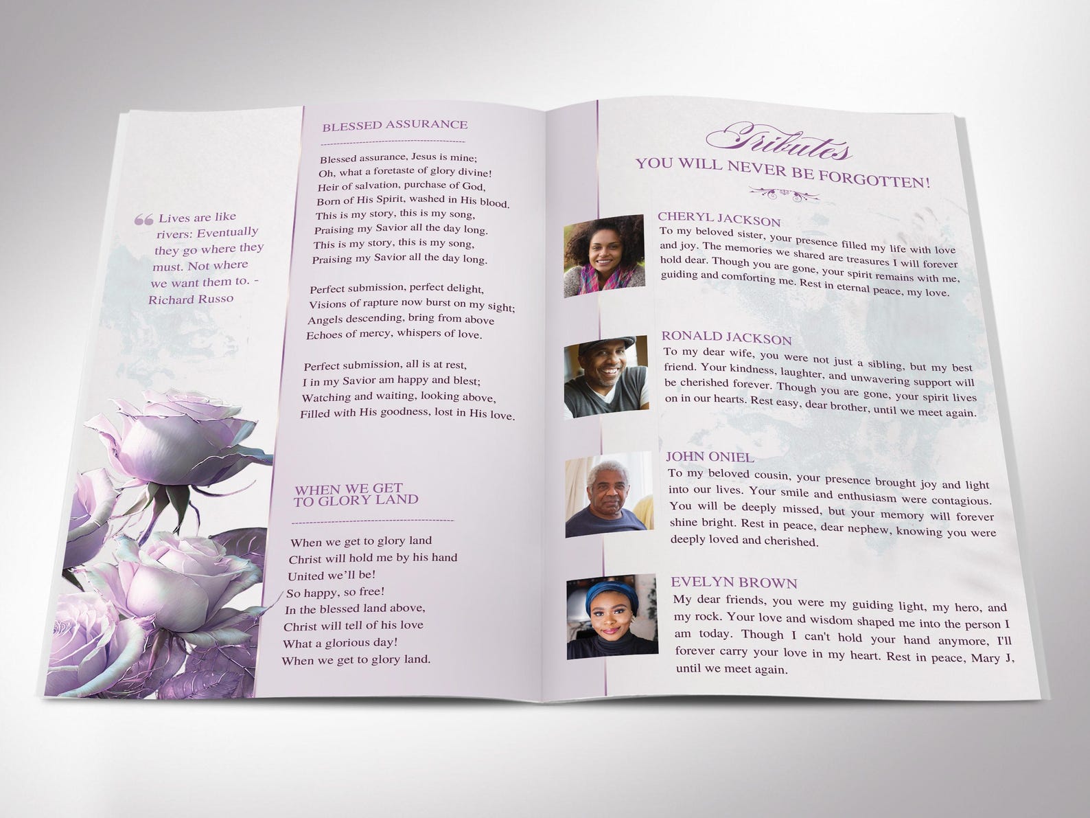 Rose Funeral Program Template | Canva: 8-page Pastel Purple Bifold ...