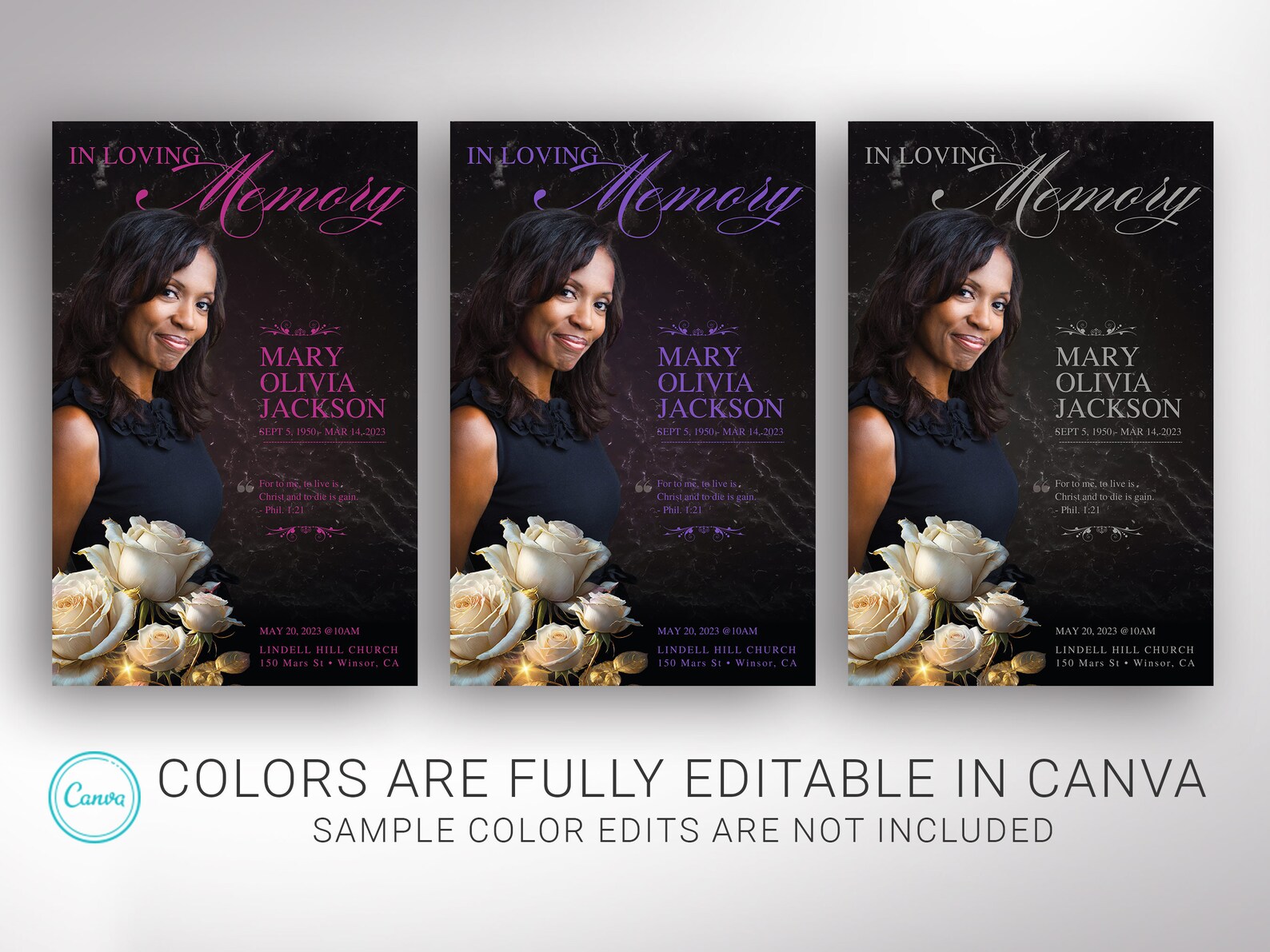 Classic Rose Funeral Program Template: Black & Gold, 8 Pages (canva ...