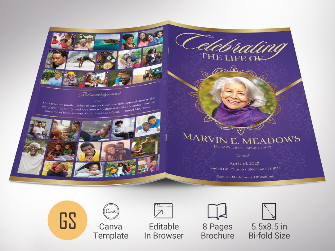 Modelo de programa de funeral Victory para Canva, roxo e dourado ...