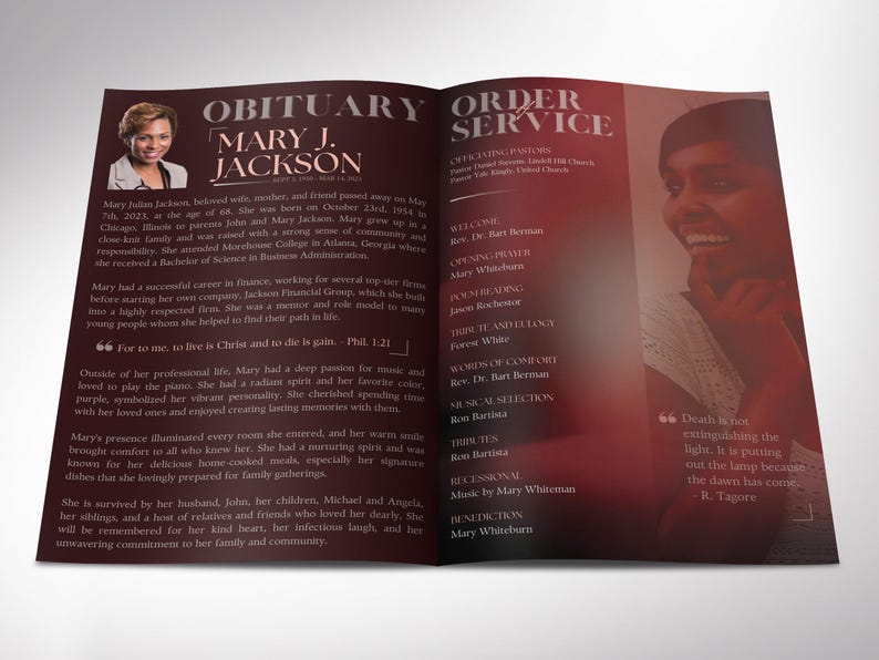 Orange Funeral Program Template Canva 4 Page Magazine Style Obituary 5 ...