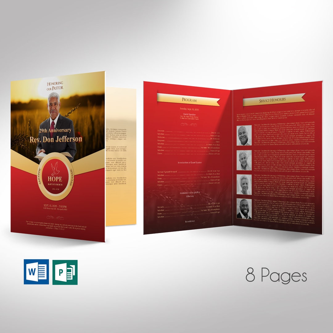 Pastor Anniversary Program Template: Red and Gold, 8 Pages (11x17 ...