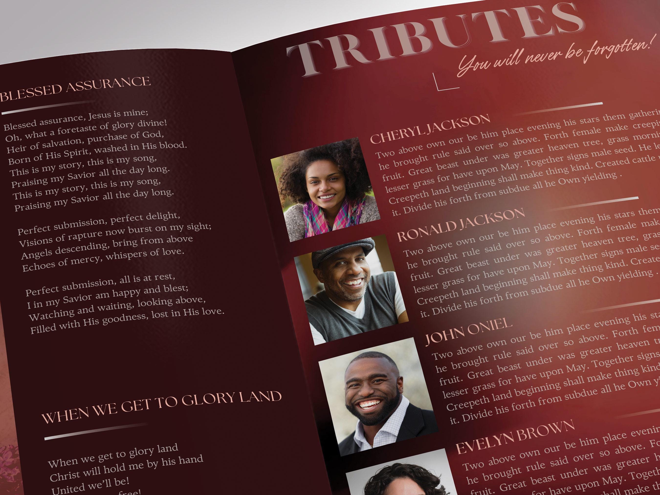 Amber Dawn Funeral Program Template | Canva: 8-page Magazine-style ...