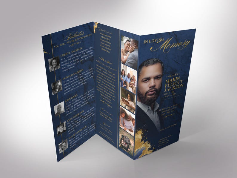 Navy Blue & Gold Funeral Program Template: Trifold Celebration of Life ...