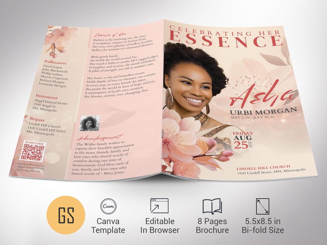Beige Funeral Program Canva Template, Beige Pink Floral Essence, 8-page ...