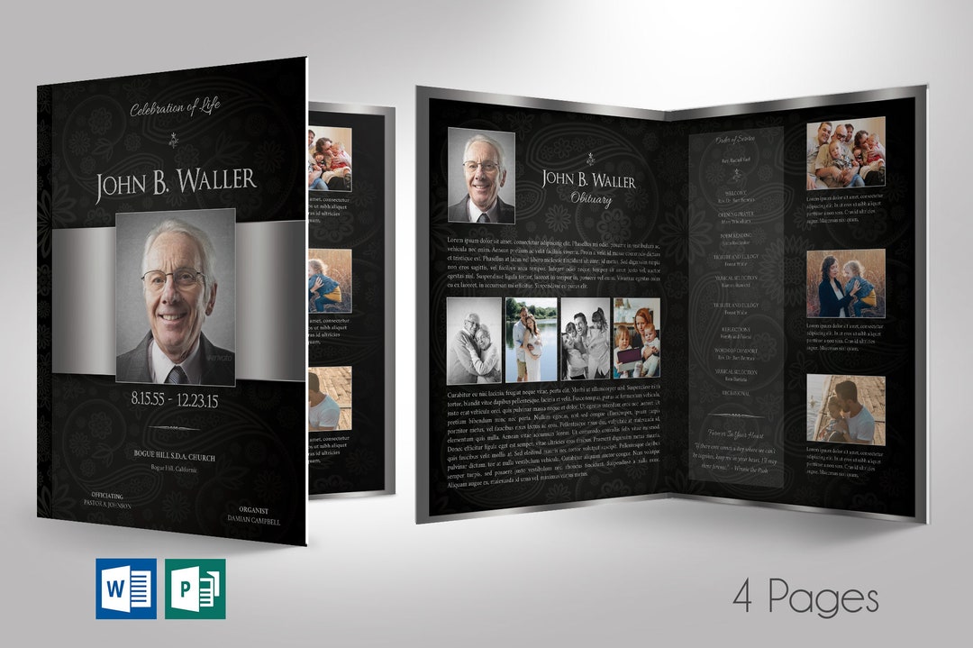 Black Silver Tabloid Funeral Program Template Set, Word and Publisher ...