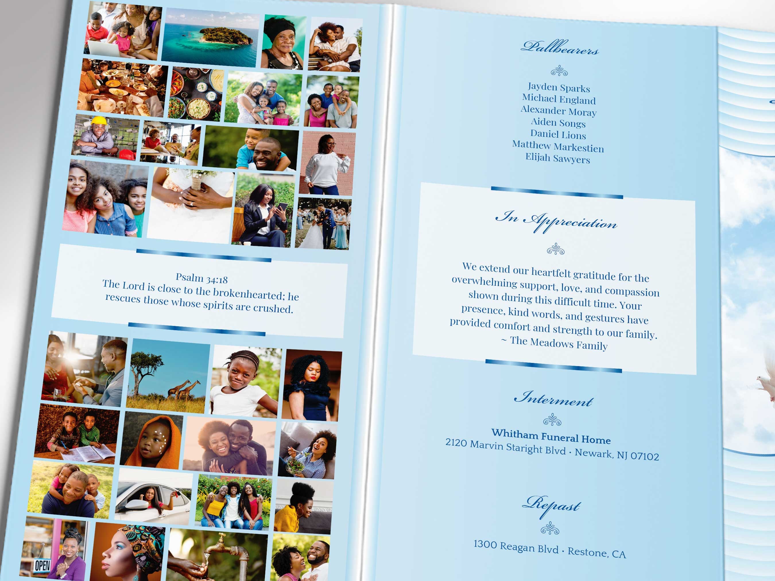 Baby Blue Waves Funeral Program Template | Canva: Tabloid Trifold ...