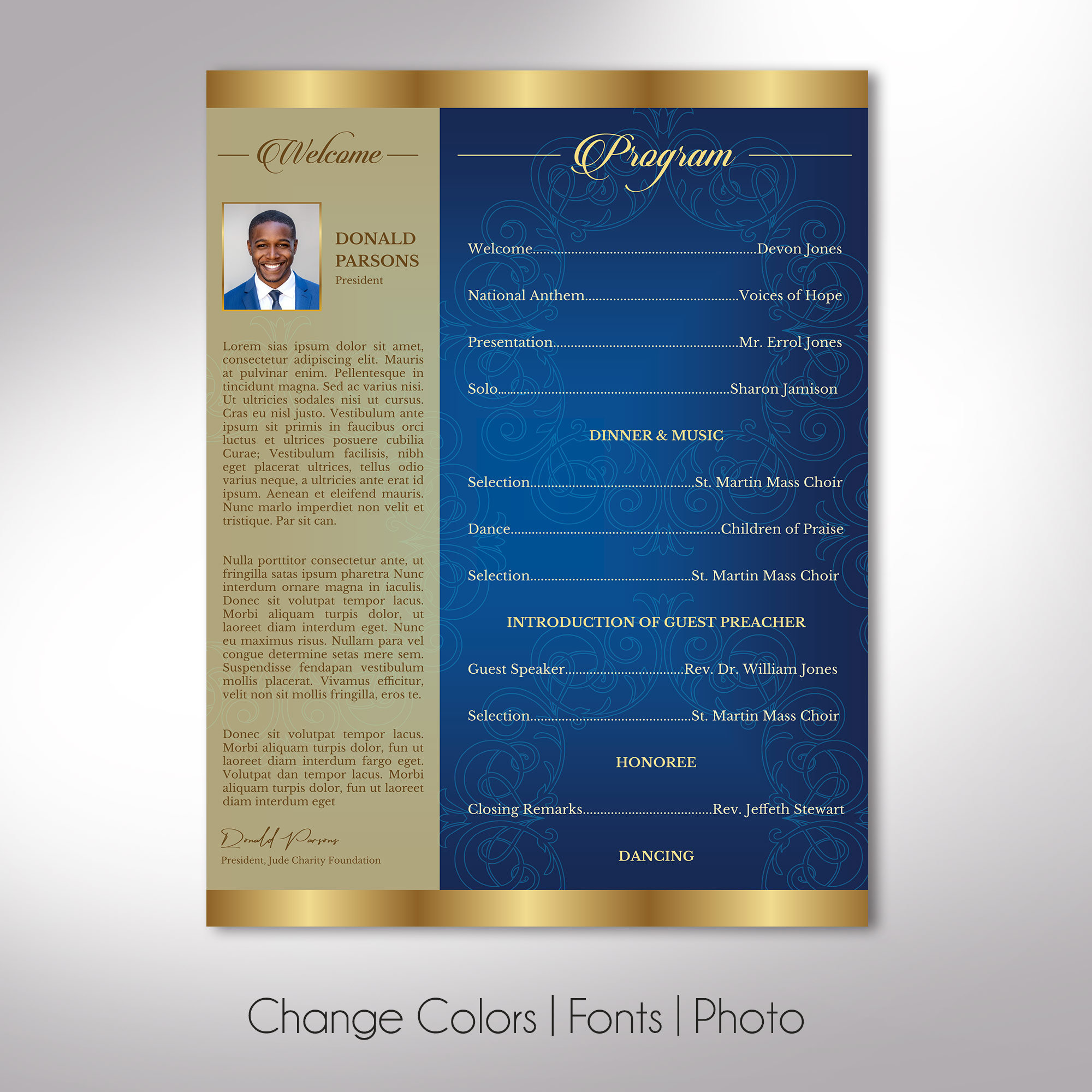 Blue Gold Gala Program Template: Anniversary, One-page Church Event ...