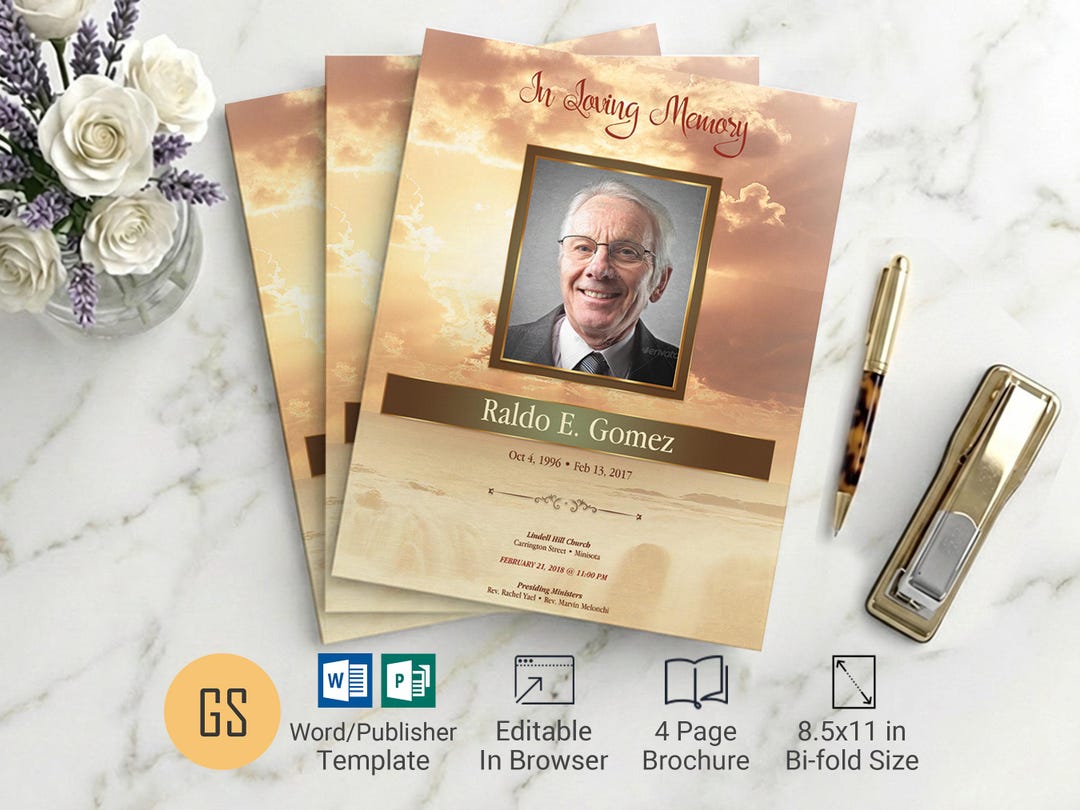 Gold Sunrise Funeral Program Template: 4 Page Celebration of Life ...