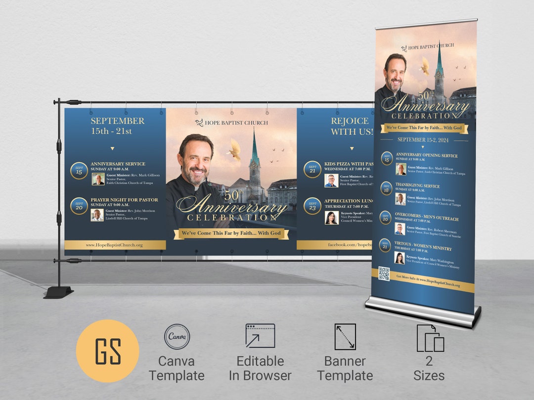 Church Anniversary Banner Template, Canva Template Blue and Gold ...