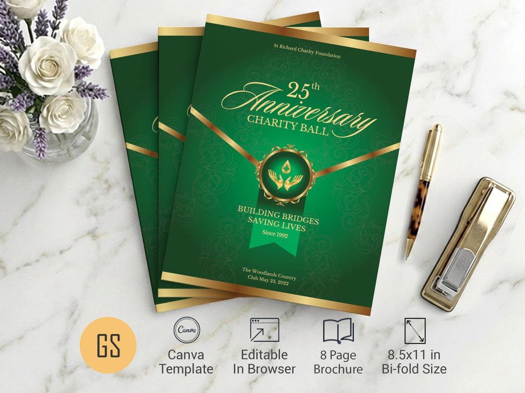 Green & Gold Anniversary Gala Program Template | Canva: 8-page Bifold ...