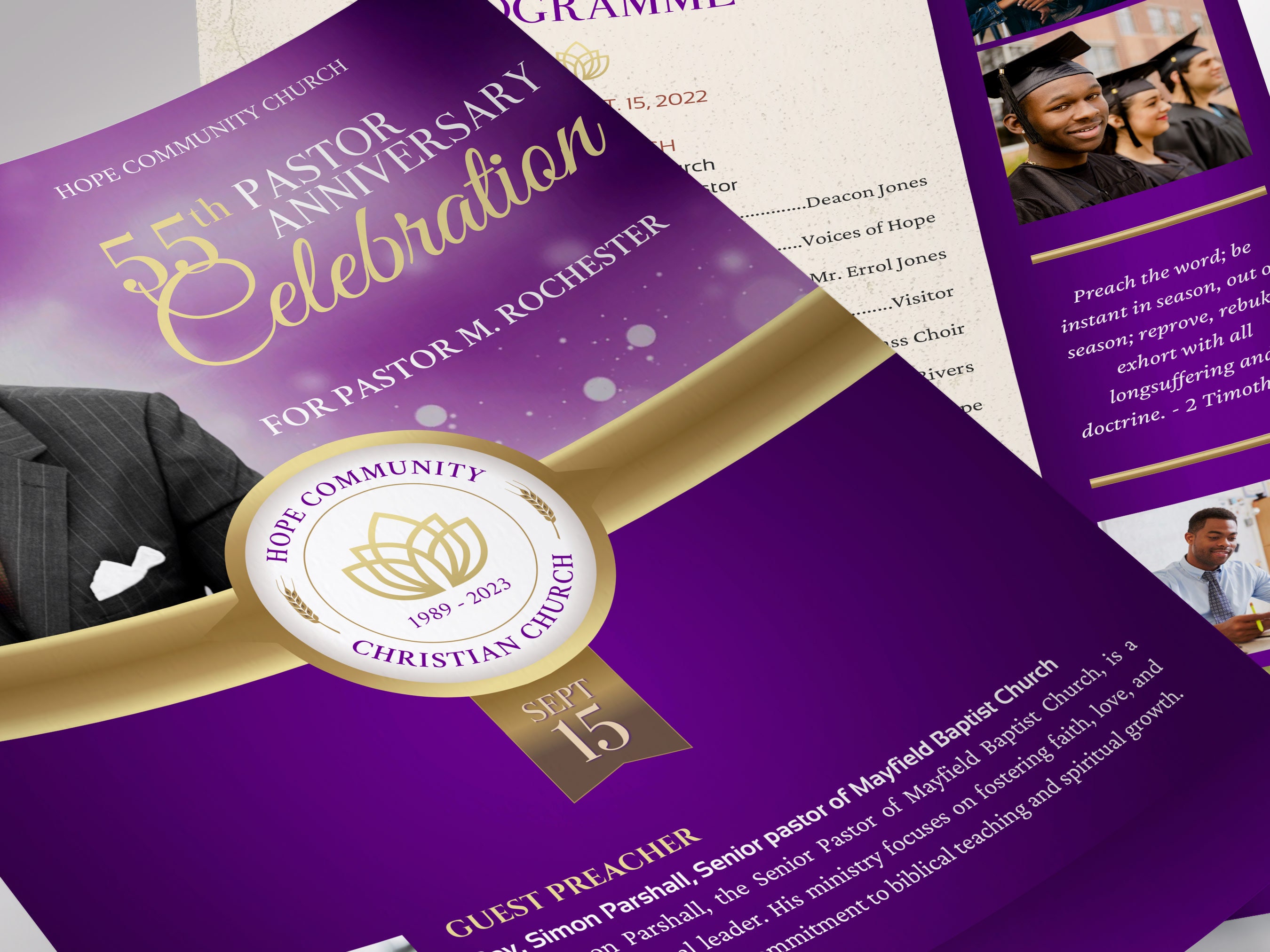 Purple & Gold Pastor Anniversary Program Template: One Page Church ...
