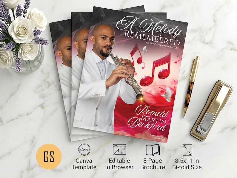 Red Musical Funeral Program Template for Canva: 8 Page Bifold Memorial ...