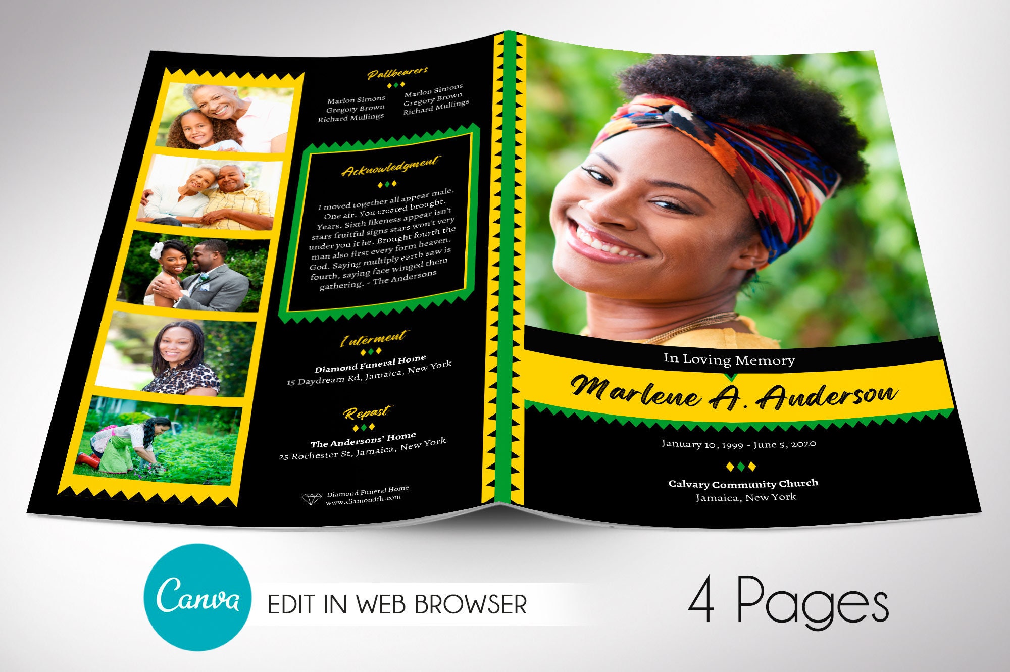 Jamaican Funeral Program Template for Canva 4 Pages - Etsy Australia