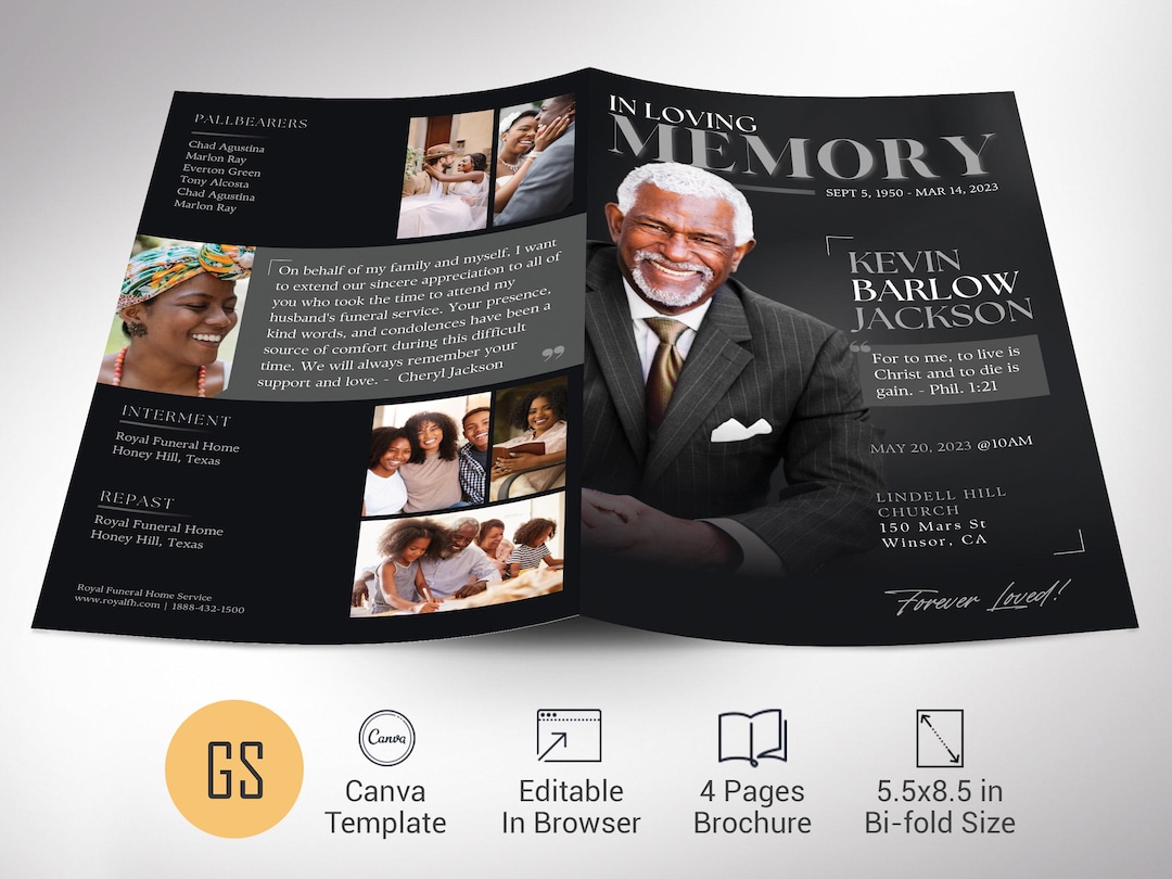 Black Funeral Program Template Canva 4 Page Magazine Style Obituary 5 ...